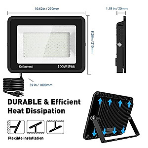 kelinvmi LED Flood Lights Outdoor 100W, Outdoor Security Light 10000lm High Brightness with Plug, 4200K Work Light with IP66 Outdoor Floodlights for Garage, Porch, Backyard, Playground