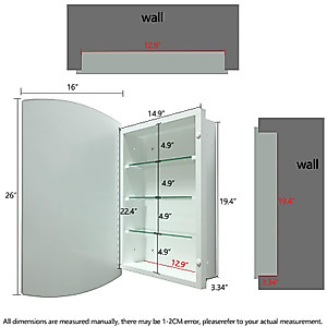 HESONTH Bathroom Medicine Cabinet, Frameless Mirror Cabinet, Recess or Surface Mounted Medicine Cabinet with Mirror, 16 x 26 inches Wall Cabinet for Living Room Bathroom Toilet Kitchen