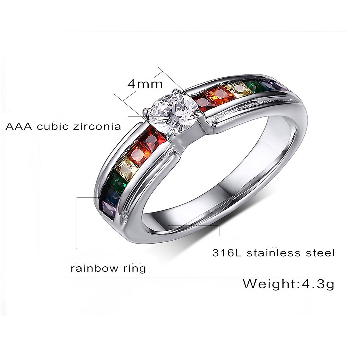 JAJAFOOK 316L Stainless Steel LGBT Gay& Lesbian Pride Rainbow CZ Cubic Zirconia Wedding Engagement Rings