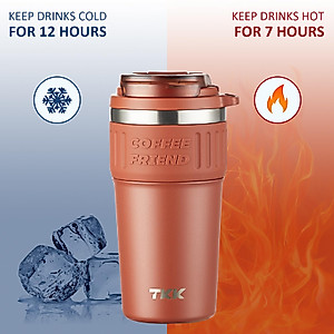 TKK Insulated Coffee Thermos with Ceramic Coating, 21oz Iced Coffee Tumbler Cup with Straw Lid Double Wall Vacuum Leak Proof Travel Mug with Strap for Hot and Iced Beverage, Red