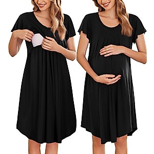 Ekouaer Nursing Nightown Labor and Delivery Gown for Hospital Pleated Breastfeeding Dress for Women Short Sleeve Maternity Sleepwear Black M