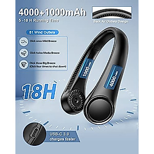 UMEIJA Neck Fan Portable Fan Personal Neck Fan USB-C Hands Free Bladeless Fan with 5000 mAh Rechargeable Battery 3 Speeds Quiet Wearable Cooling Hanging Neck Fan for Home Office Sports Travel (Black)