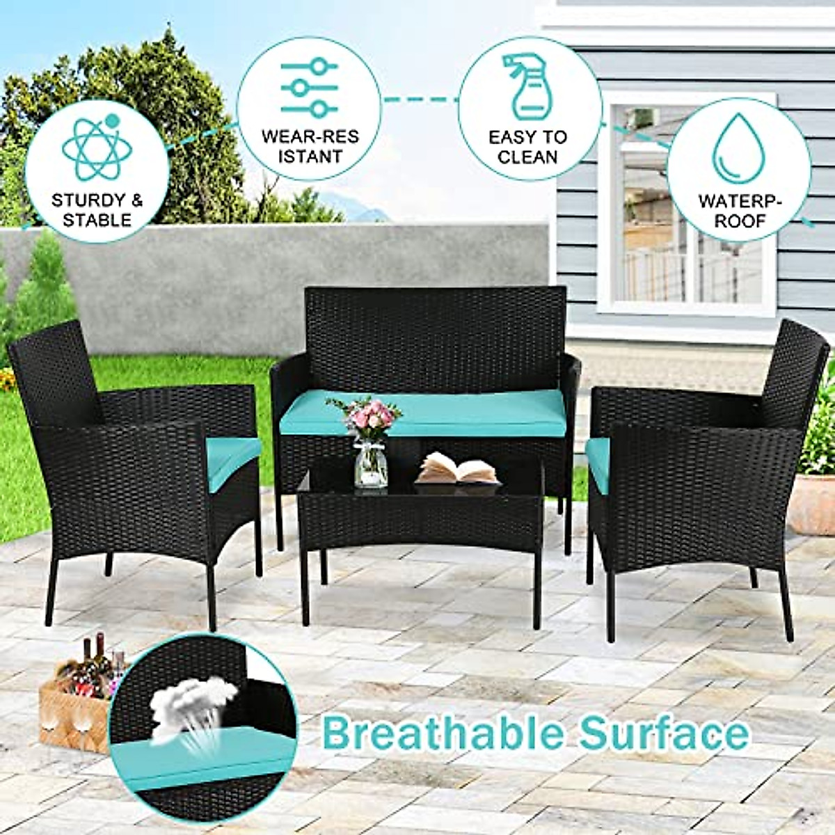 Qxznby 4 Pieces Outdoor Patio Furniture Set,Conversation Sets,Wicker Patio Conversation Furniture Rattan Chair Set with Tempered Glass Coffee Table and Cushion,Porch Poolside Balcony Furniture(Blue)