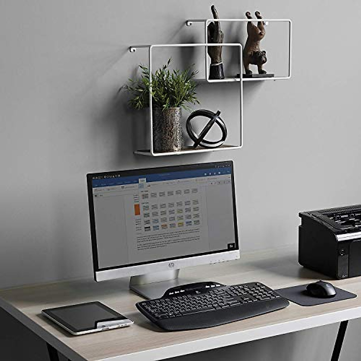 Wall Mounted Rustic Decor Iron and Wood Intersecting Cube Floating Shelves Wood Shadow Boxes Set of 2 (White)