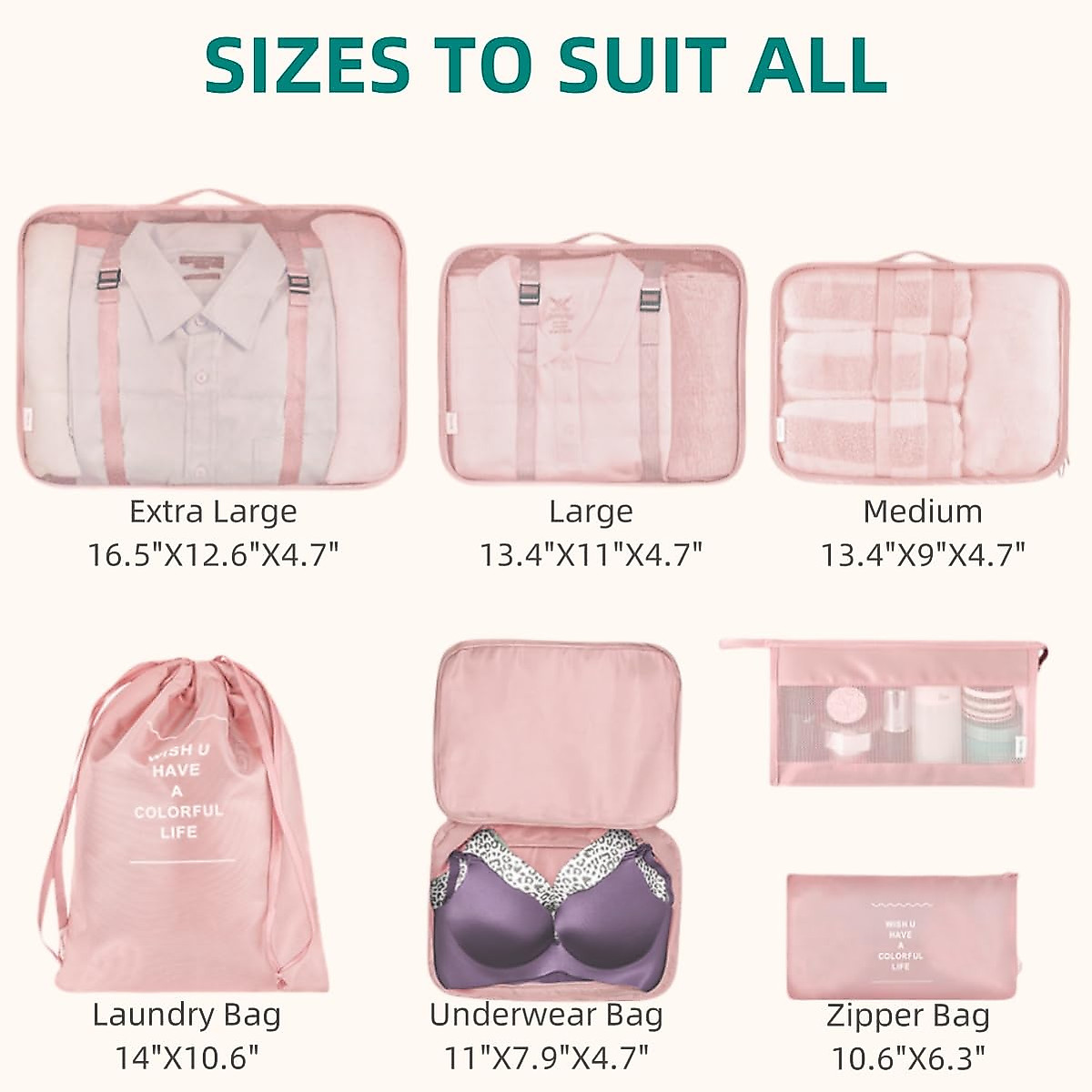 Packing Cubes VAGREEZ 7 Pcs Travel Luggage Packing Organizers Set with Toiletry Bag (Pink)