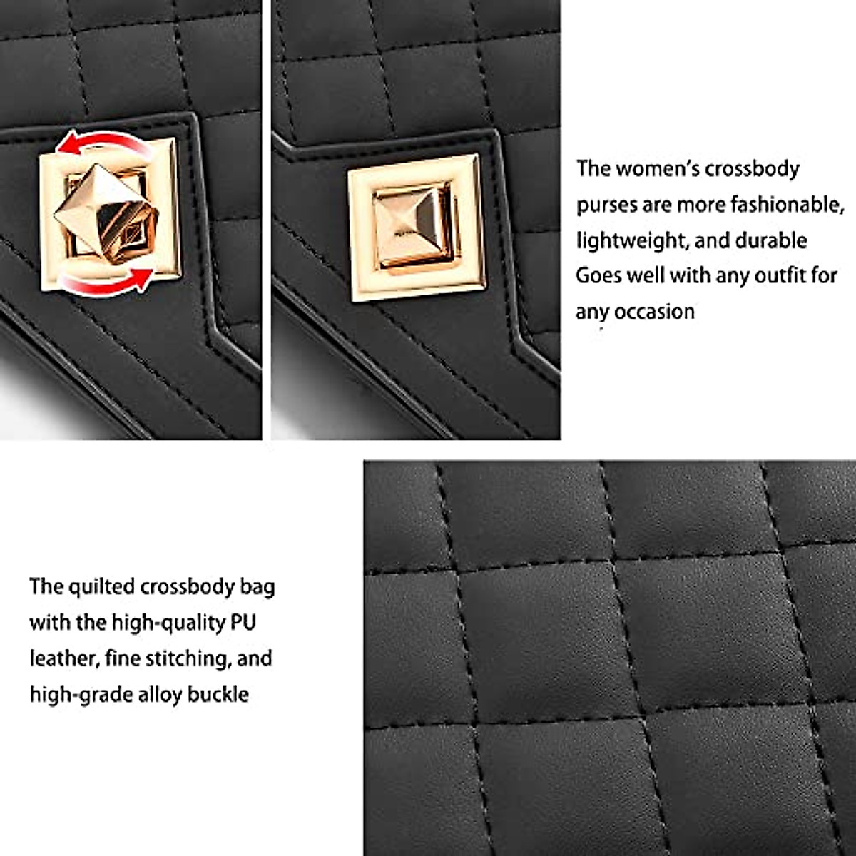 Kehpish Small Crossbody Bags for Women Shoulder Bag Quilted Satchels Clutch Handbag with Chain Strap (Black)