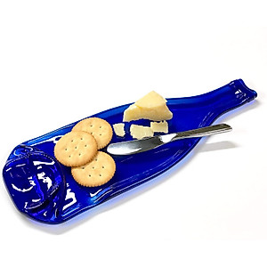 Melted Wine Bottle Cheese Tray with Cheese Spreader in Blue Glass