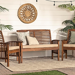 Walker Edison AZOWCHAT3PCDB 3-Piece Acacia Solid Wood Outdoor Patio Conversation Set, Dark Brown
