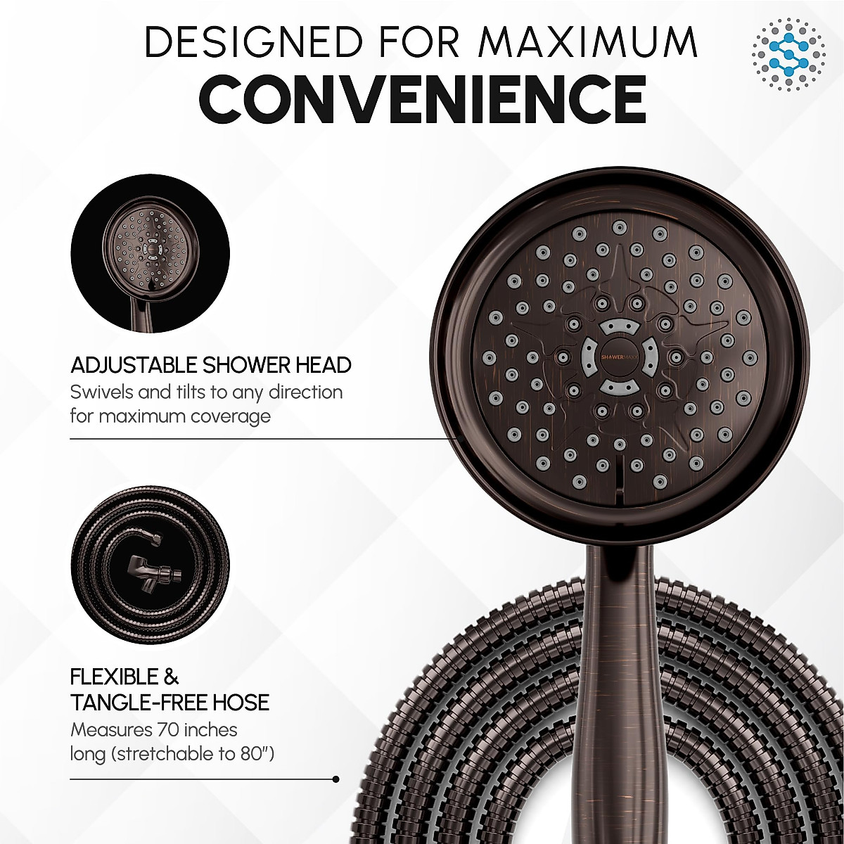 ShowerMaxx, Luxury Spa Series: Bronze Hand Held Shower Head, 5 inch 6 Spray Settings Handheld Showerhead with Extra-Long Stainless Steel Hose, Experience MAXX Comfort and Elegance (Oil Rubbed Bronze)