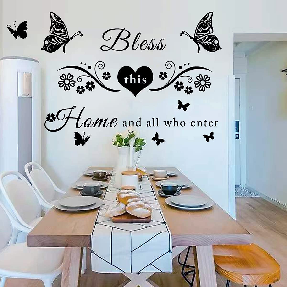 Vinyl Wall Stickers Quotes Wall Art Decal Sticker Bless This Home and All Who Enter Wall Decals Flowers Butterfly Wall Decor Sticker for Entryway Living Room Home Decor.