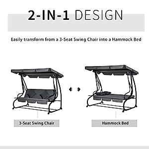 Outsunny 3-Seat Outdoor Patio Swing Chair, Converting Flatbed, Outdoor Swing Glider with Adjustable Canopy, Removable Cushion and Pillows, for Porch, Garden, Poolside, Backyard, Gray