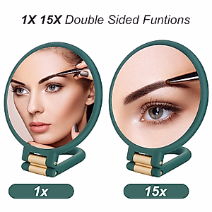 Martvex Handheld Mirror, 1x 15x Magnifying Makeup Mirror with Handle Double Side Hand Held Mirror with 1x15x Magnification & Foldable Handle, Portable Travel Makeup Hand Mirror for Women (Army Green)