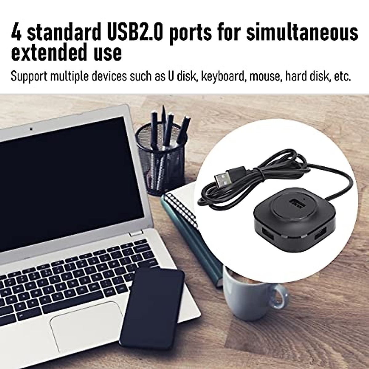 USB Hub, 4 USB2.0 Ports Adapter Charger, Ultra Slim Data Splitter PVC, 1.2 Meter / 3.9ft, Plug and Play, for Flash Hard Disk Keyboard 2.0