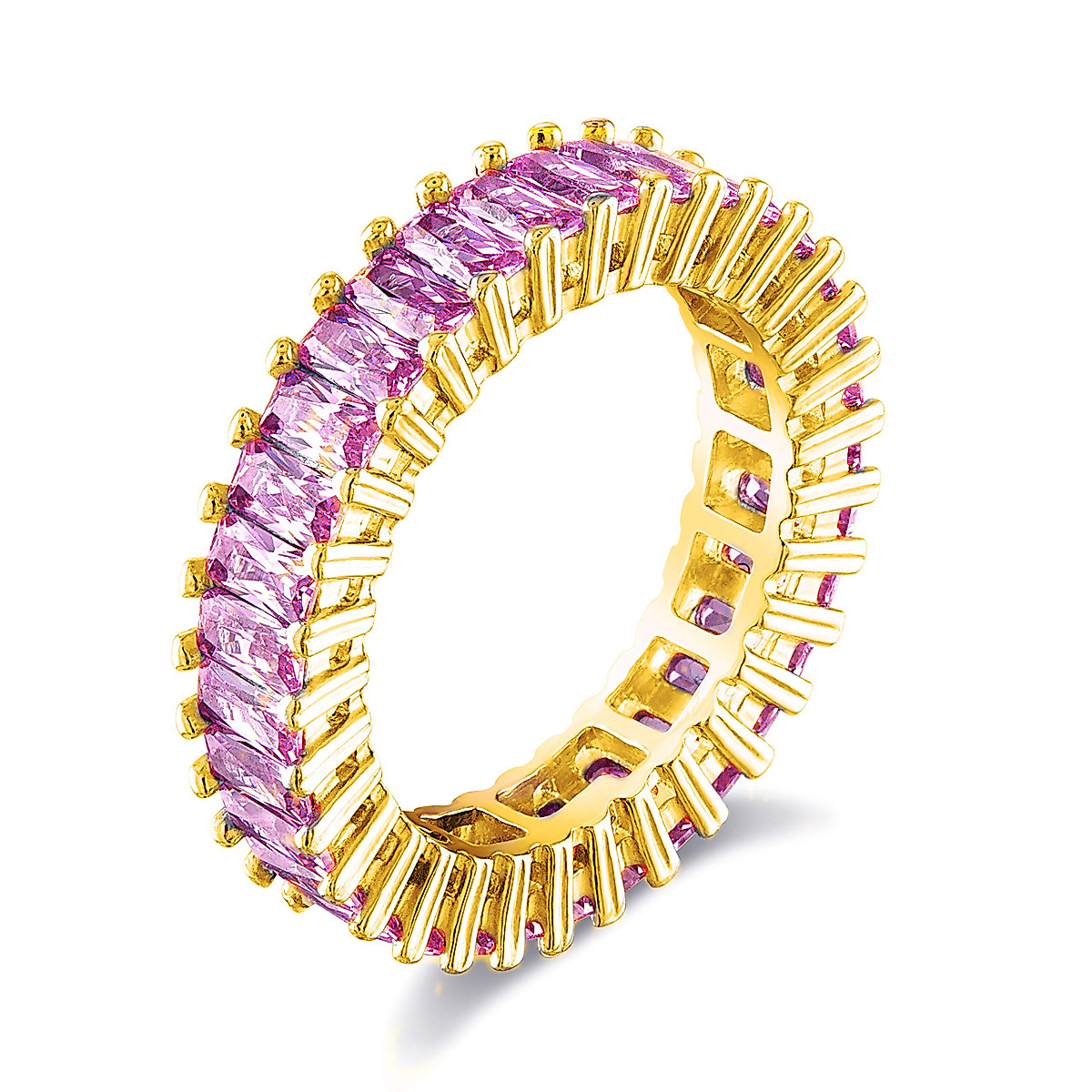 PORI JEWELERS 925 Solid Sterling Silver Baguette Emerald Cut 3MM Cubic Zirconia Eternity Wedding Band Ring For Women (Gold- Pink Stone, 5)