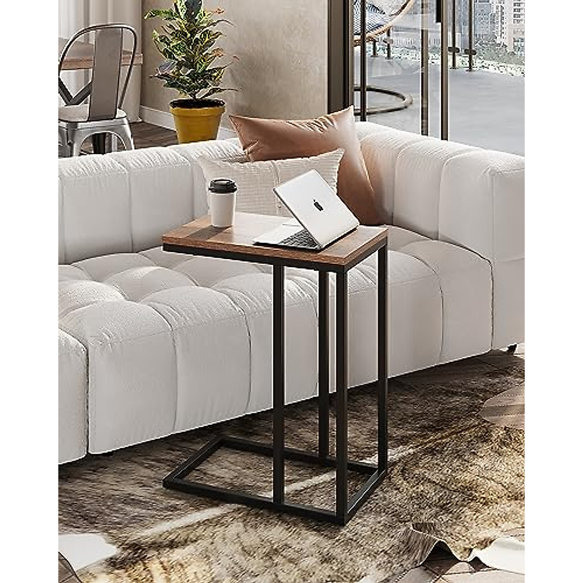 WLIVE Side Table, C Shaped End Table for Couch, Sofa and Bed, Large Desktop C Table for Living Room, Bedroom, Brown