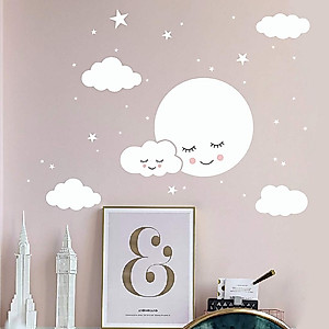 Smiling Moon Stars Clouds Wall Decals Peel and Stick Stickers Art Mural Decor for Home Dorm Party Nursery