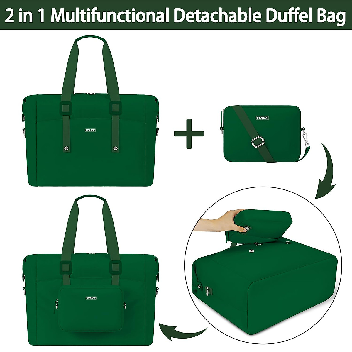 Weekender Bags for Women with 15.6 inch Laptop Compartment, LYAUK Travel Duffel Bag with Detachable Makeup Bag&Wet Pocket, Carry on Overnight Bag for Airplanes,Hospital Bag for Labor and Deliver Green