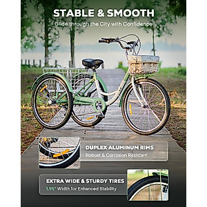 Viribus Adult Tricycle, 7 Speed Tricycle for Adults, 24 inch 3 Wheel Bikes for Adults with Baskets, Adult Trikes for Women Seniors Men, Three Wheel Tricycle for Dogs Beach, Cargo Tricycle, Mint