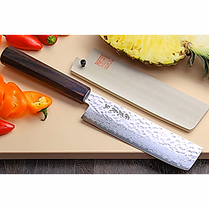 Yoshihiro VG-10 46 Layers Hammered Damascus Nakiri Japanese Vegetable Knife (6.5'' (165mm) Rosewood Handle)