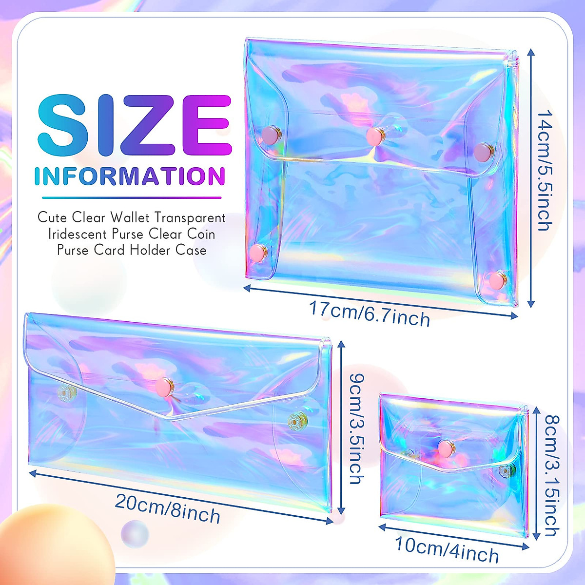 Patelai 3 Pcs Holographic Makeup Bag Iridescent Pencil Pouch Clear Transparent Iridescent Cosmetic Bag Organizer Travel Hologram Handbag Clear Coin Purse for Women(Mixed Sizes)
