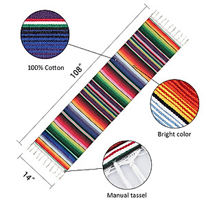 Mexican Table Runner for Cinco de Mayo Decorations, 14" x 108" 2Packs Hand Woven Mexican Blanket Table Runner Fiesta Party Supplies, Fringe Cotton Serape Table Runner for Mexican Party Wedding Decor
