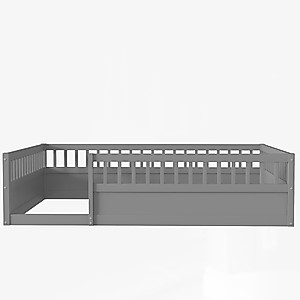 DNYN Full Size Floor Bed for Kids Bedroom,Solid Wood Bedframe w/Fence & Easy Assemble & Space Saving Design & No Box Spring Needed, Gray