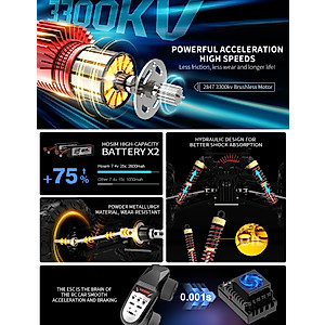 1:16 Brushless RC Cars 55+ kmh High Speed Large Remote Control Car 4x4 Off Road Monster Truck Electric All Terrain Waterproof Toys Hobby Vehicle for Kids and Adults - 2 Batteries for 40+ Min Play