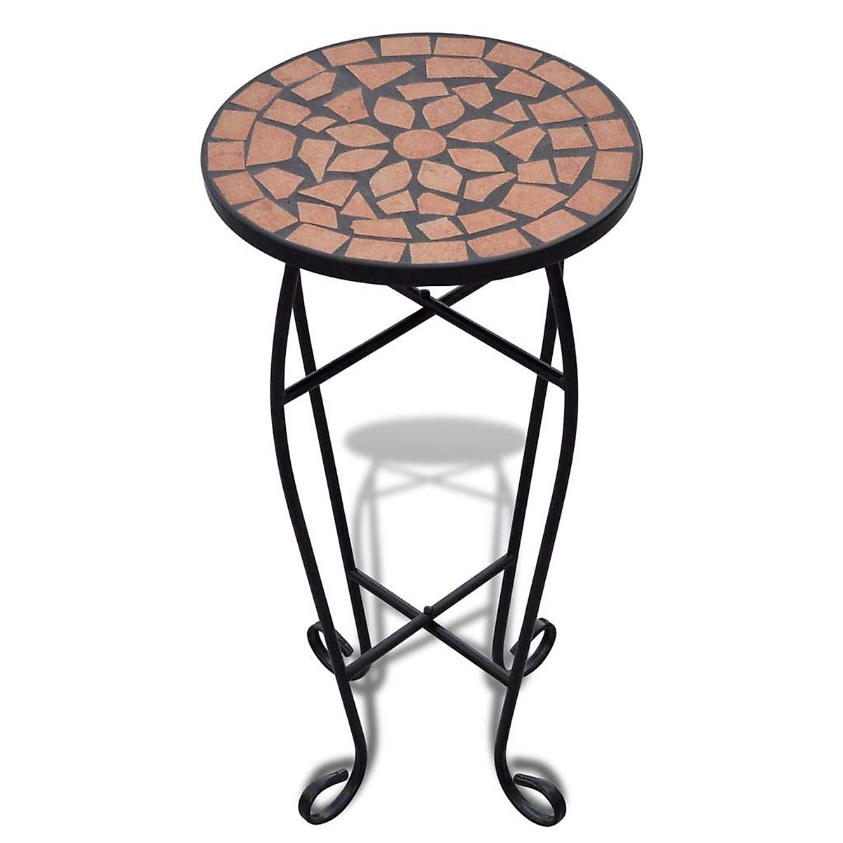 SecondBoy Terracotta Brown Finish Outdoor Side Table Patio Table Garden Plant Stand Iron Frame Scroll Leg Round Top Ceramic Random Mosaic