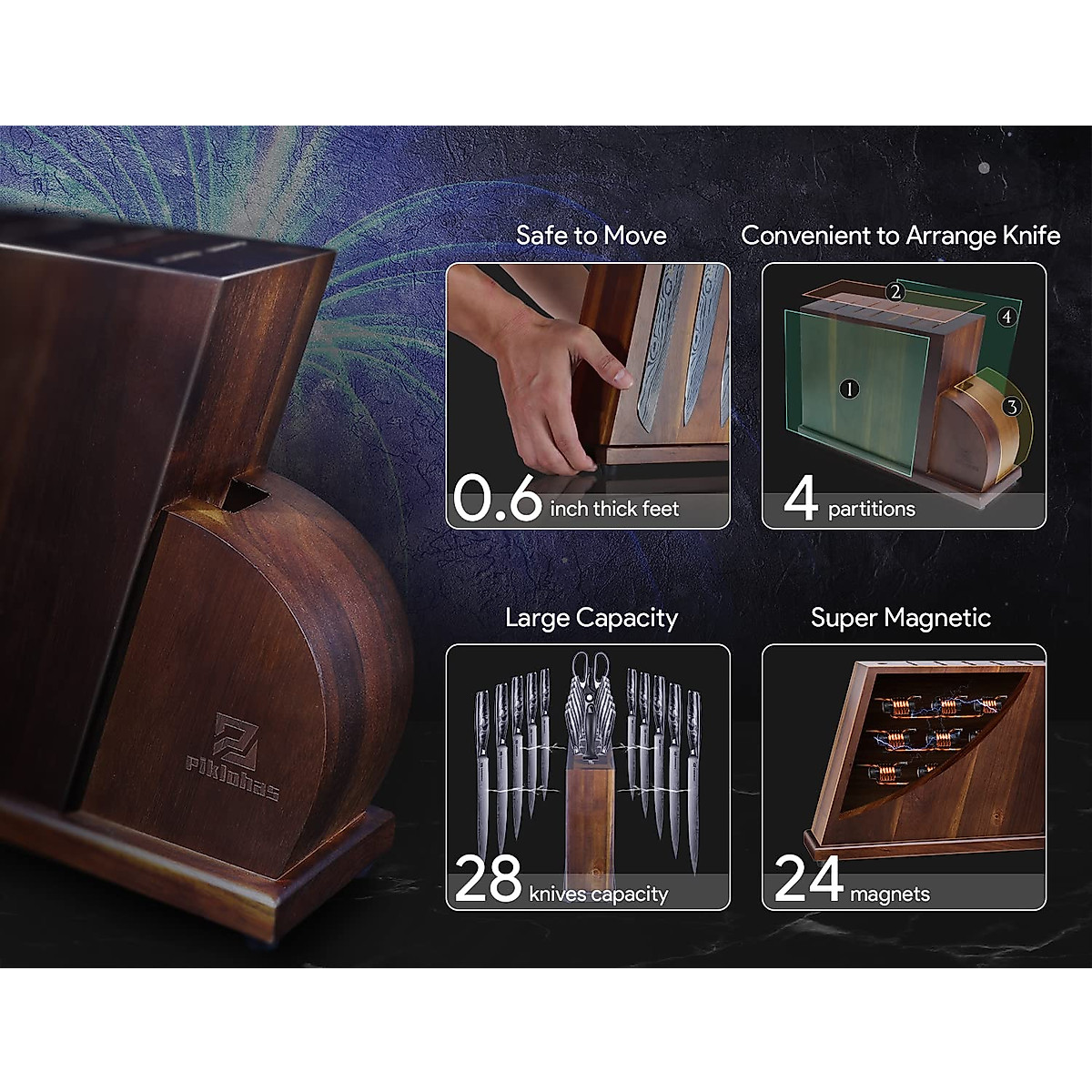 BREATHMAGNET Knife Holder, Wooden Kitchen Knife Block With Large Capacity, Pioneering Breath Magnetic Tech Double-sided Space Saving Storage Holder For Knives, Universal Cutlery Organizer Stand