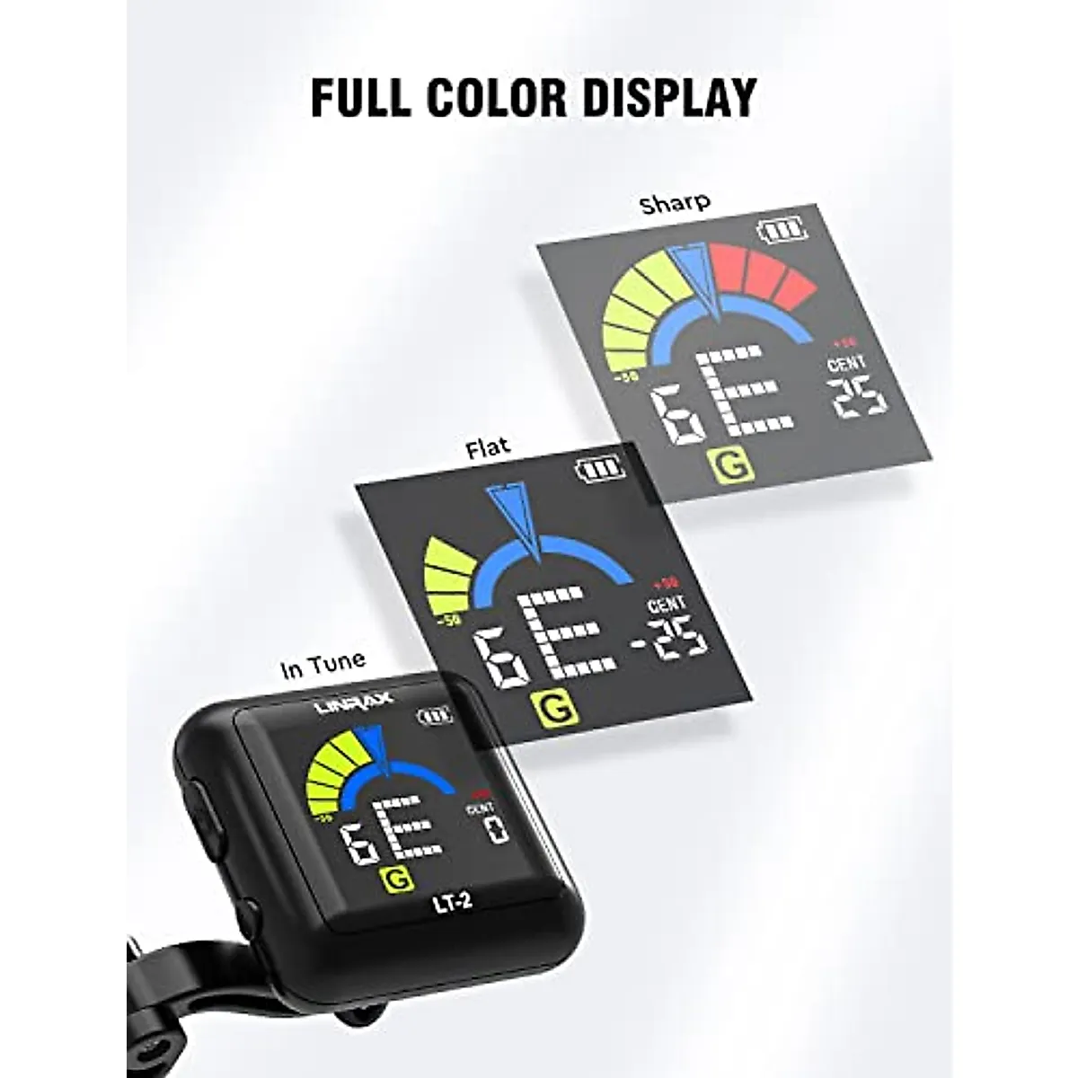 Linrax LT-2 Guitar Tuner Rechargeable Clip On Tuner for Guitar, Bass, Ukulele, Violin, Banjo, Chromatic Tuner with LCD Color Display, Digital Tuner for Stringed Instruments, Guitar Accessories, Black