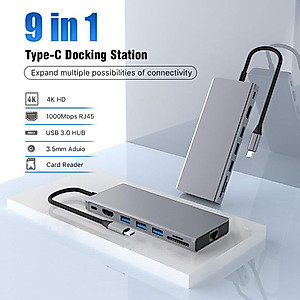 HRYHY USB C Hub, 9-in-1 USB C Adapter with 4K USB C to HDMI,USB C Charging, VGA, 2 USB 3.0, SD/TF Card Reader,Gigabit Ethernet, Compatible for MacBook Pro, XPS More Type C Devices