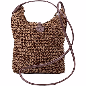 Beach Bag Straw Bags Hand-Woven Straw Bag, Women Handbag Shoulder Bag Straw Weave Tote Purse Lady Beach Hobo Bag Crossbody Coffee