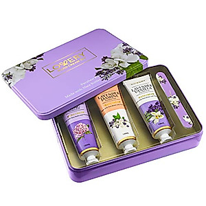Birthday Gifts Lavender Hand Lotion Set, 3 Luxury Hand Creams Gift Set, Lavender Jasmine, Lavender Lilac, Lavender Vanilla, Nail Filer in a Metal Box with Vitamin E & Shea Butter, Paraben Free