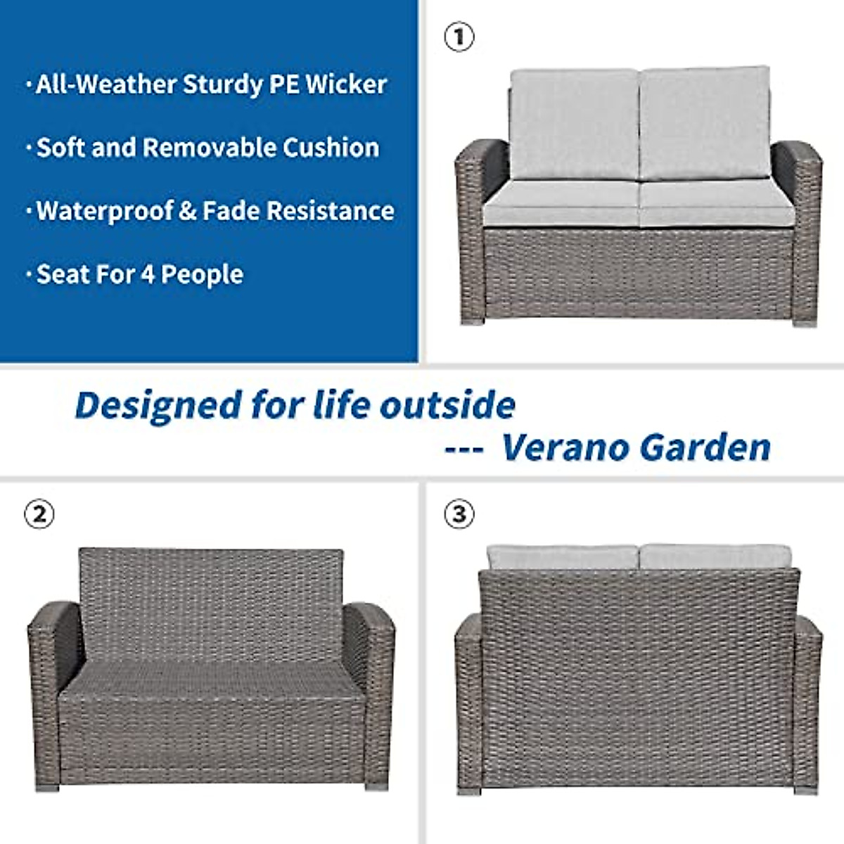 Verano Garden 4 Piece Patio Conversation Set,All Weather Rattan Wicker Patio Furniture Set with Thick Cushions and Tempered Glass Coffee Table for Porch, Backyard, Patio, Dark Gray (Light Gray)