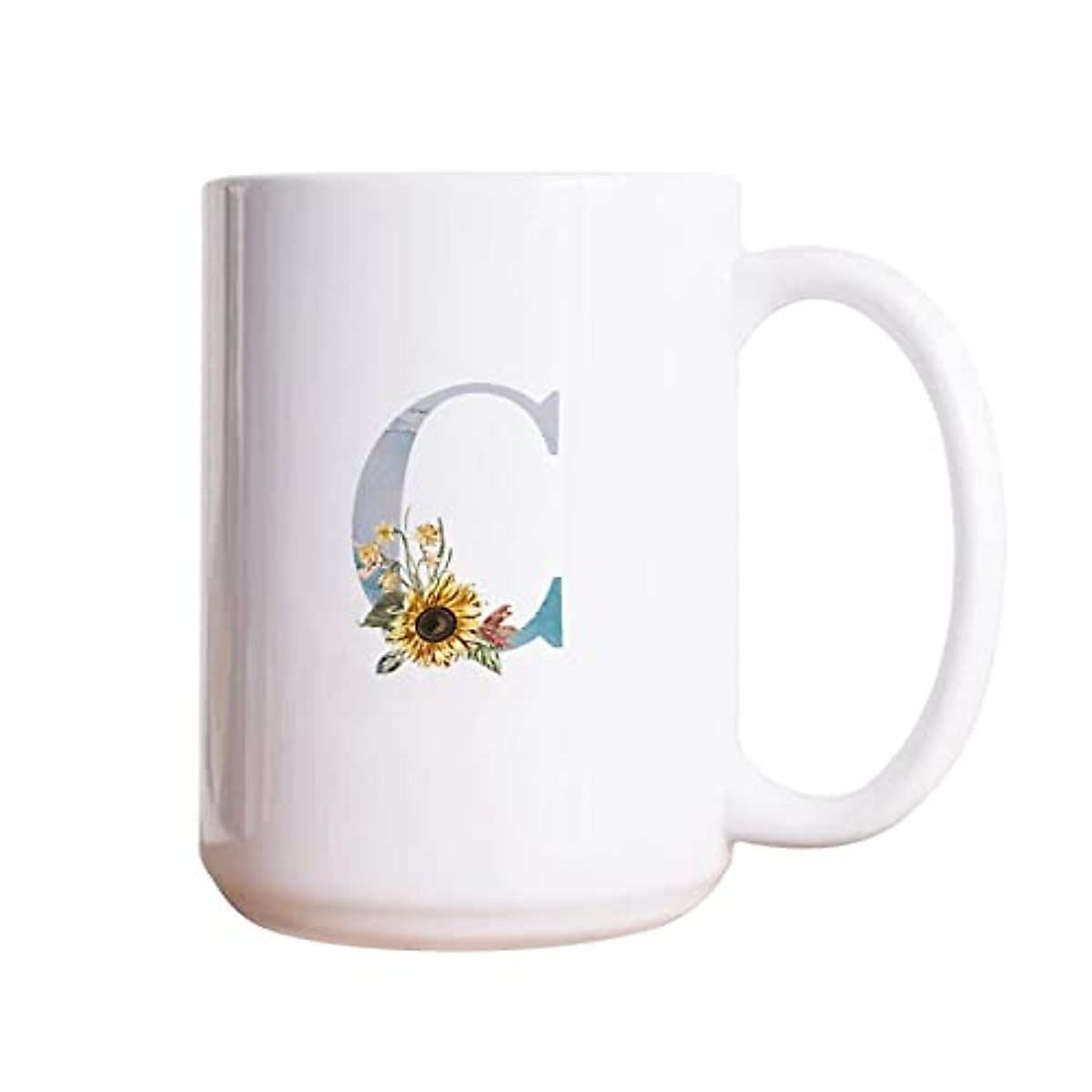 Yelolyio Watercolor Floral Monogram Coffee Mug, Alphabet Initial Letter C Coffee Cup, Monogram Mug Cup, 15oz