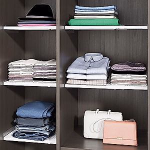 KIKIBRO Expandable Closet Shelf Organizer, Adjustable Shelves, Extendable Storage Shelving Rack Divider for Cabinet Pantry Wardrobe Cupboard Kitchen Bathroom Shoe, White Large Set of 2