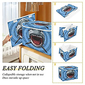 CaTaKu Sea White Shark Storage Bins with Lids and Handles, Fabric Large Storage Container Cube Basket with Lid Decorative Storage Boxes for Organizing Clothes