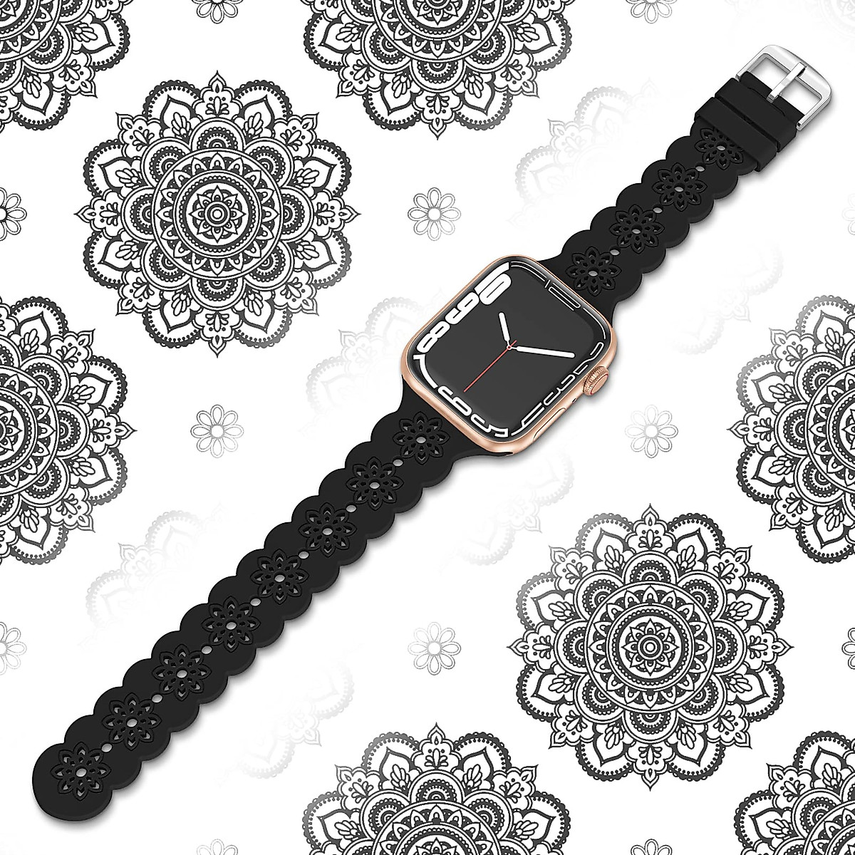 Floral Silicone Band Compatible with Apple Watch Bands 38mm 40mm 42mm 44mm 41mm 45mm 49mm Women Men, Slim Hollow-Out Design Wristbands Soft Sport Breathable Watch Bands for iWatch Ultra SE Series