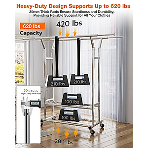 XBurmo Heavy Duty Clothing Rack - Portable Rolling Clothes Rack with Wheels, Adjustable Garment Racks for Hanging Clothes, Free Standing Metal Clothing Rack for Home, Commercial, Laundry Room, Silver
