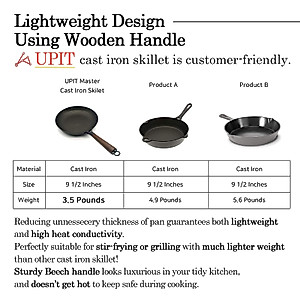 UPIT Master Preseasoned Cast Iron Skillet, Nonstick Rustproof Lightweight Pan with Wooden Handle, 9.5 inches