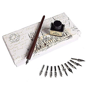Wooden Quill Pen wiht Ink Set Handcrafted Wooden Callgraphy Pen Writing Dip Ink Pen Gift Set with 11pcs Metal Pen Nibs &Black Ink