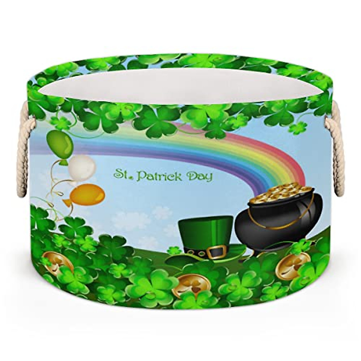 St Patrick's Day Rainbow Large Round Baskets for Storage Laundry Baskets with Handles Blanket Storage Basket for Bathroom Shelves Bins for Organizing Nursery Hamper Girl Boy
