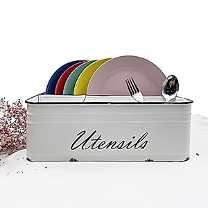 AWAHITAWA Utensil Caddy White Rustic Galvanized Metal Caddy, Farmhouse Kitchen Organizer with Comfortable Wooden Handle Storage For Flatware,Condiments,Party Cutlery, Picnic-White