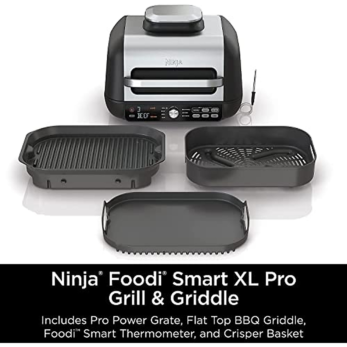 Ninja IG651 Foodi Smart XL Pro 7-in-1 Indoor Grill/Griddle Combo, use Opened or Closed, with Griddle, Air Fry, Dehydrate & More, Pro Power Grate, Flat Top Griddle, Crisper, Smart Thermometer, Black (Renewed)