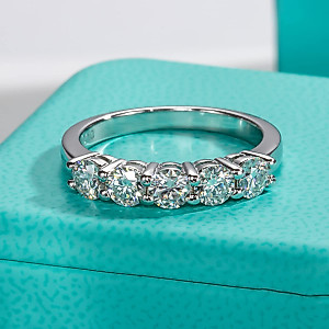 AnuClub 5 Stone Moissanite Ring 1.5cttw D Color Lab Diamond Gold Plated Silver Half Eternity Anniversary Wedding Band Ring With Certificate