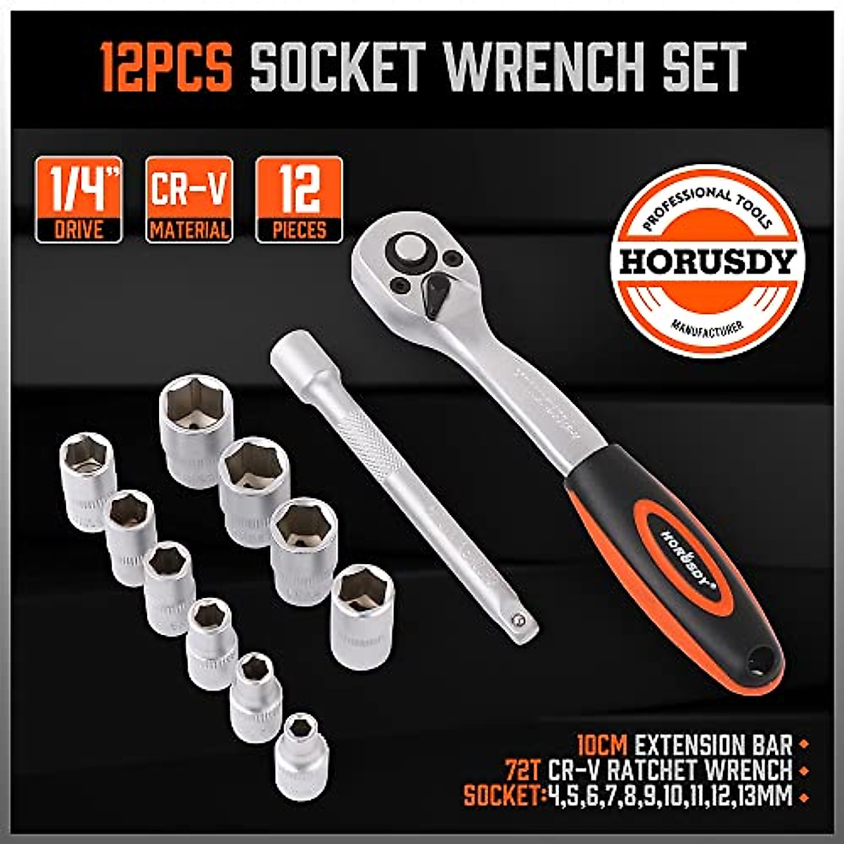 HORUSDY 12-Pieces 1/4” Ratchet Socket Wrench Set, Drive Socket Set, 4mm -13mm Sockets and, Quick Released Ratchet Handle and 10 cm Extension Bar
