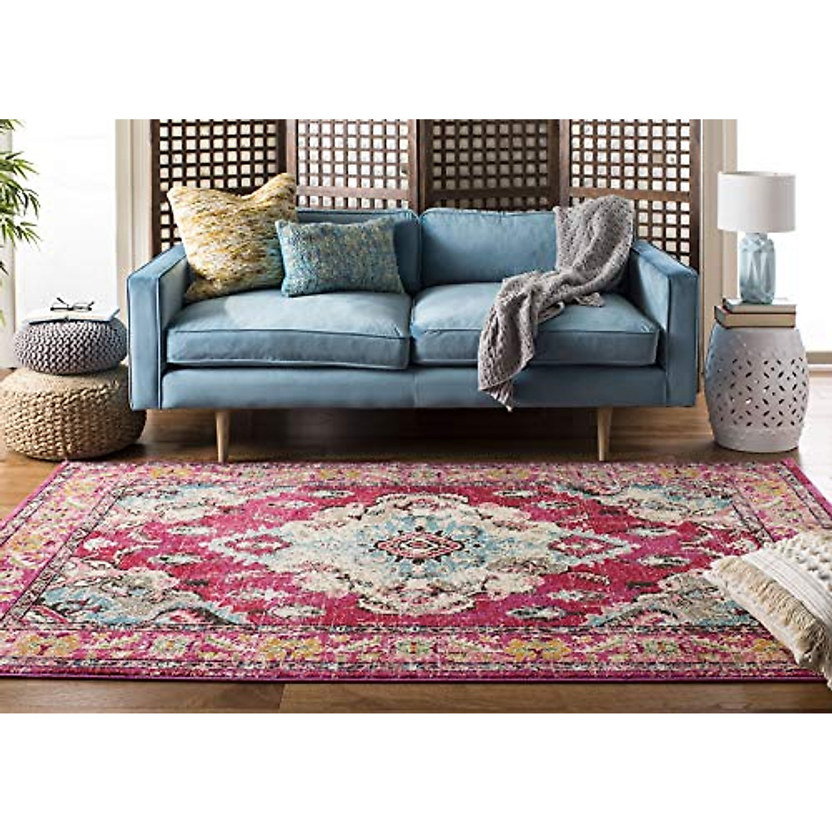 SAFAVIEH Monaco Collection Area Rug - 6'7" Square, Pink & Multi, Boho Chic Medallion Distressed Design, Non-Shedding & Easy Care, Ideal for High Traffic Areas in Living Room, Bedroom (MNC243D)