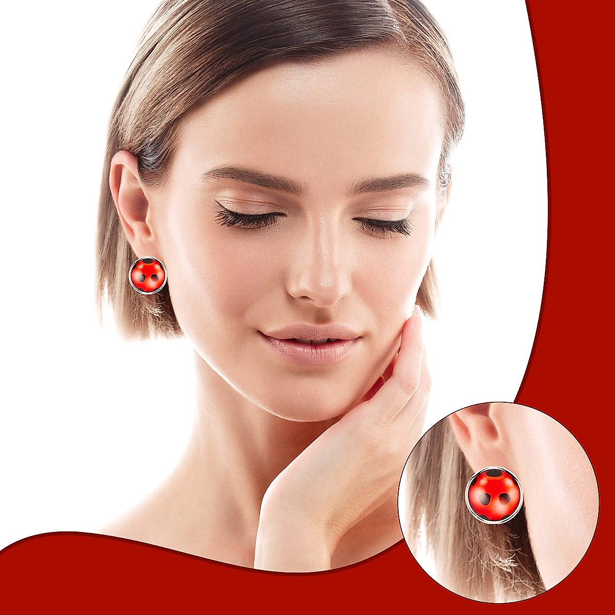 Hicarer 6 Pairs Ladybug Clip on Earrings No Pierced Black Spot Red Enamel Beetle Earrings for Women Halloween Costume