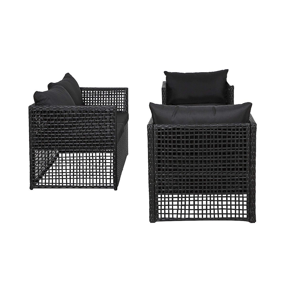 WO Outdoor Wicker Rattan Furniture 4 PCS Set Black Woven Table Chairs Set w Cushions & Back Support Pillows Coffee Table Seats 4 Black