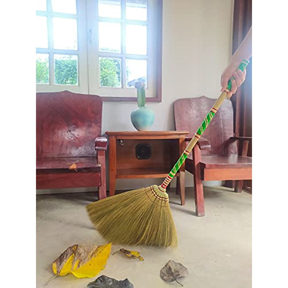 Natural Grass Broom for Sweeping Indoor and Outdoor with Brush Power and Circle Cleaning House, Kitchen, Office,Handmade Broom, Embroidered Woven,Housewarming Gifts Asian Broom 40 inch